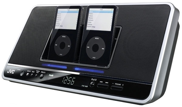 Dual docking station for two iPod players side-by-side